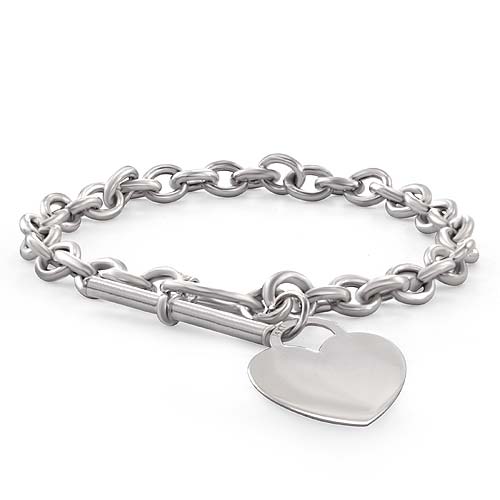 14K White Gold Rolo Link Toggle Heart Bracelet Italy