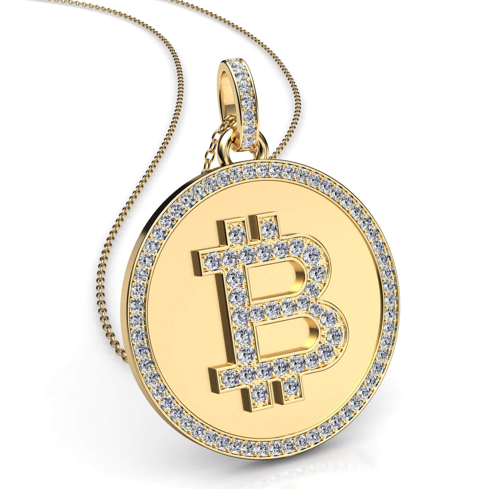 Bitcoin Diamond Pendant Necklace 14k Gold 18 rolo chain (1.5Ct. tw.)