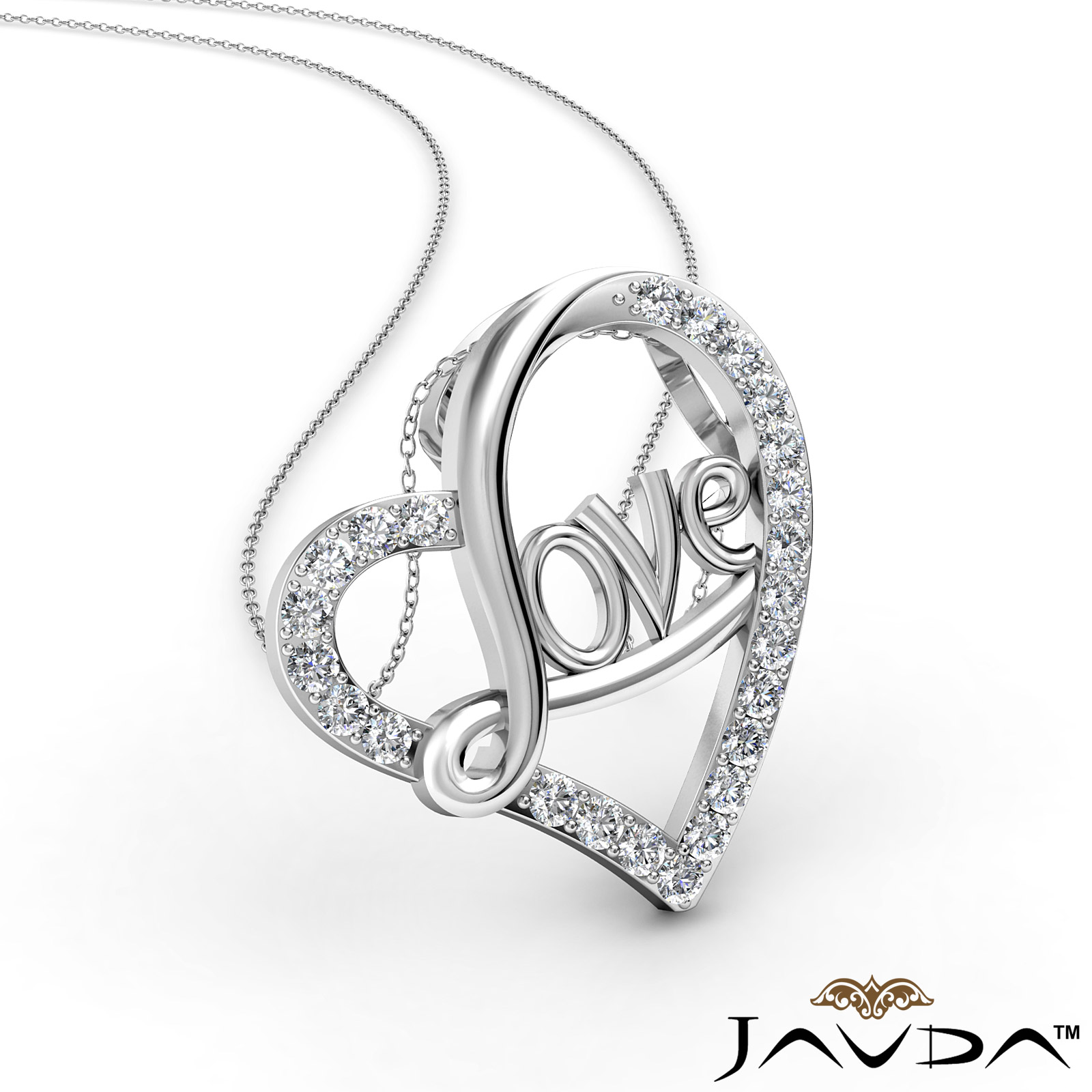 Love Script Heart Pendant Necklace Round Diamond 14k White Gold 0.45Ct