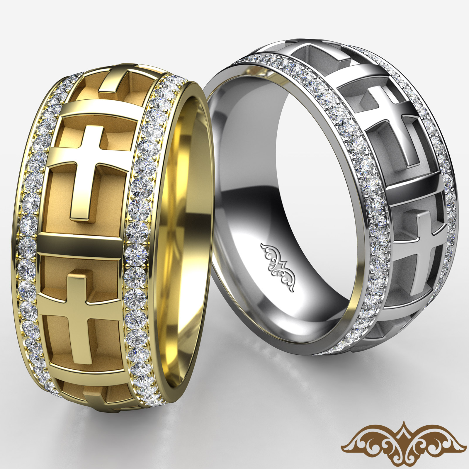 Diamond Eternity Cross Pattern Men's Wedding Band 14k White Gold 1.2 Ct.