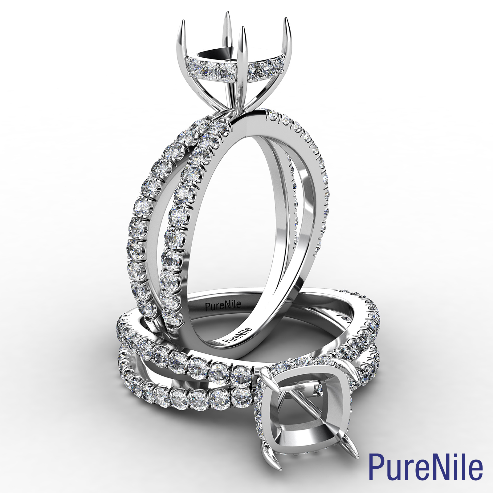 French Split Shank Cushion Semi Mount Diamond Engagement Ring 14k W ...