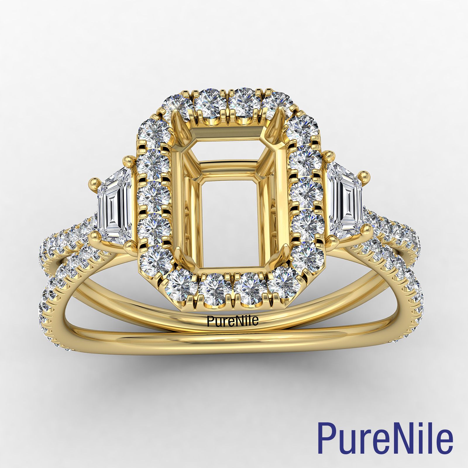 Three Stone Halo Diamond Emerald Cut Semi Mount Engagement Ring 18k ...