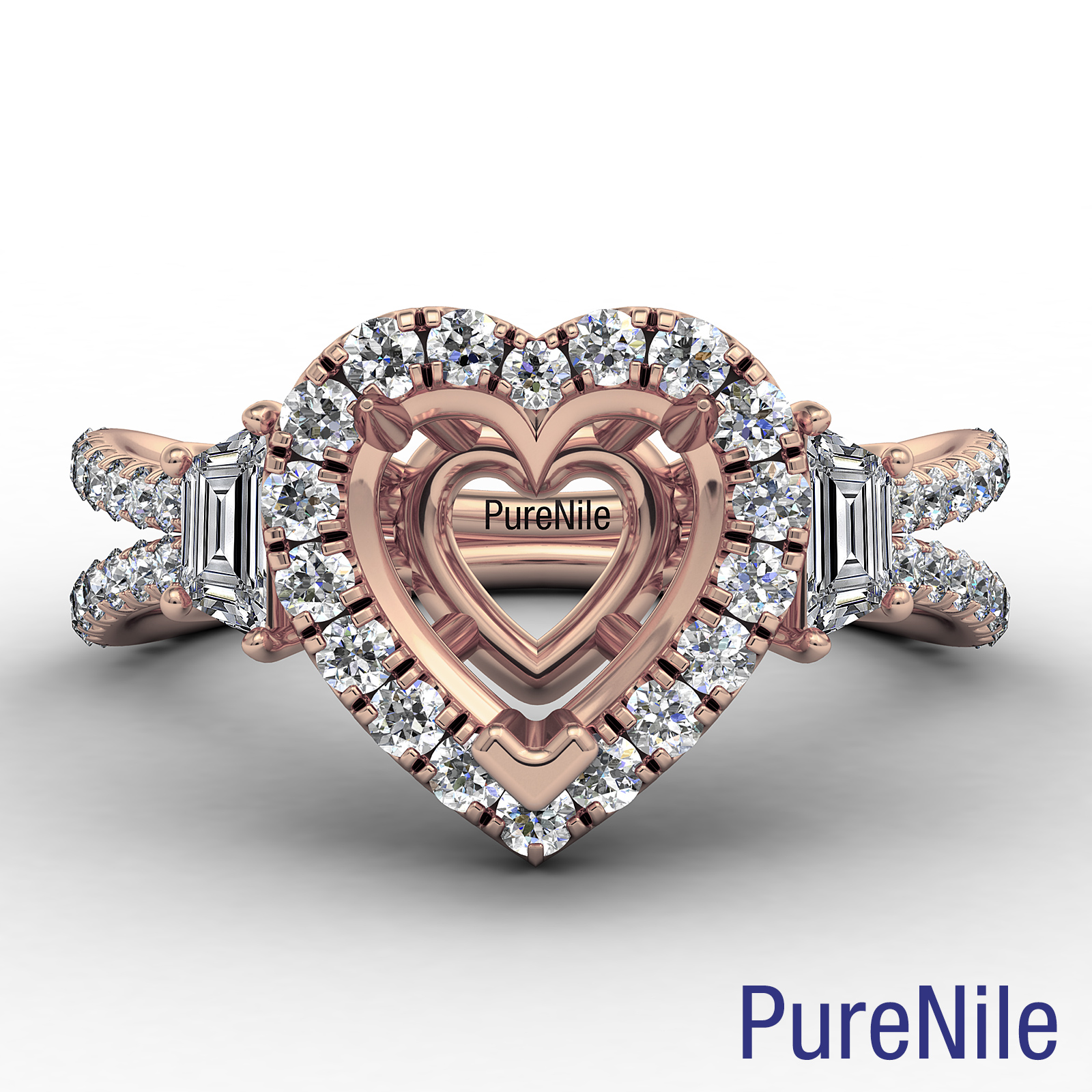 3 Three Stone Heart Semi Mount Halo Diamond Engagement Ring 18k Rose ...