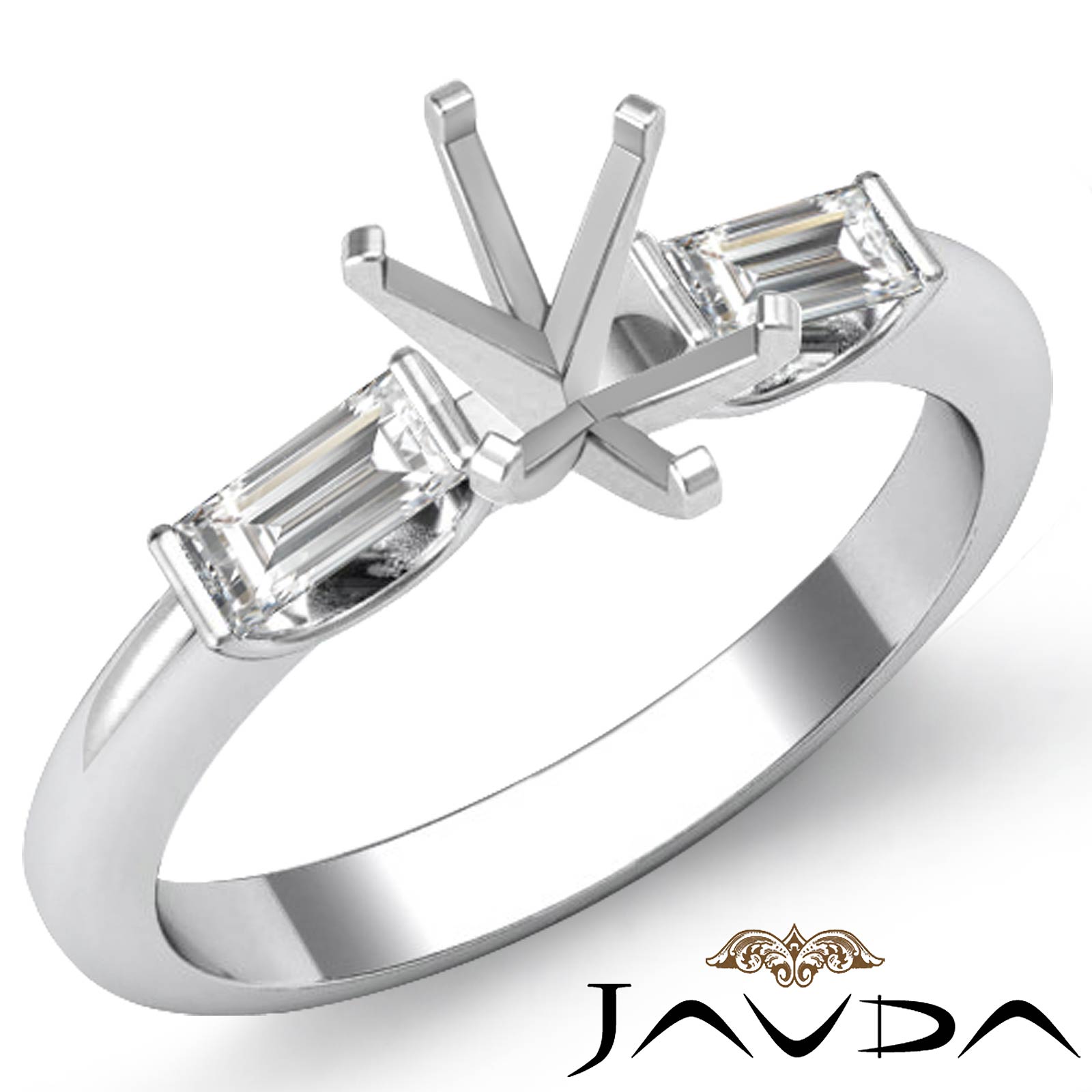 Baguette Oval Diamond Three Stone Engagement Ring 14k W Gold Semi Mount ...