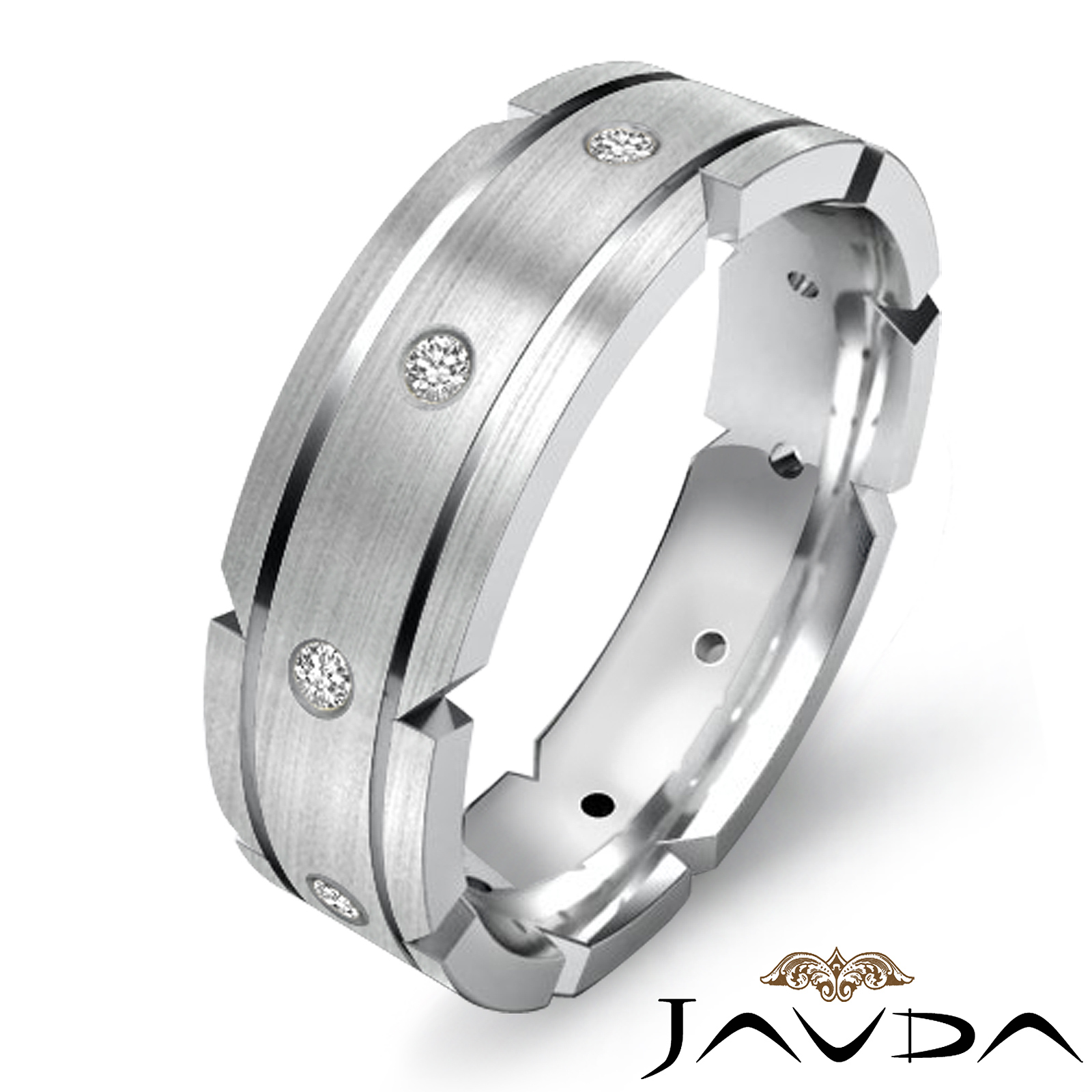 Grooved Bezel Diamond Matte Men's Eternity Wedding Band 14k White Gold ...