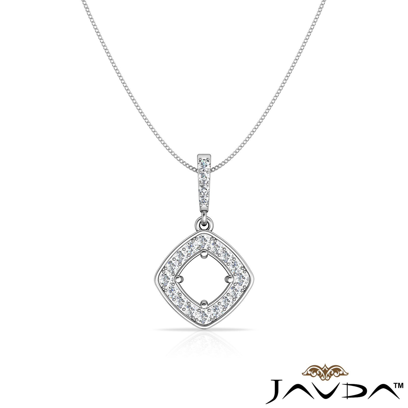 Halo Pave Cushion Cut Semi Mount Diamond Bail Pendant 14k White Gold