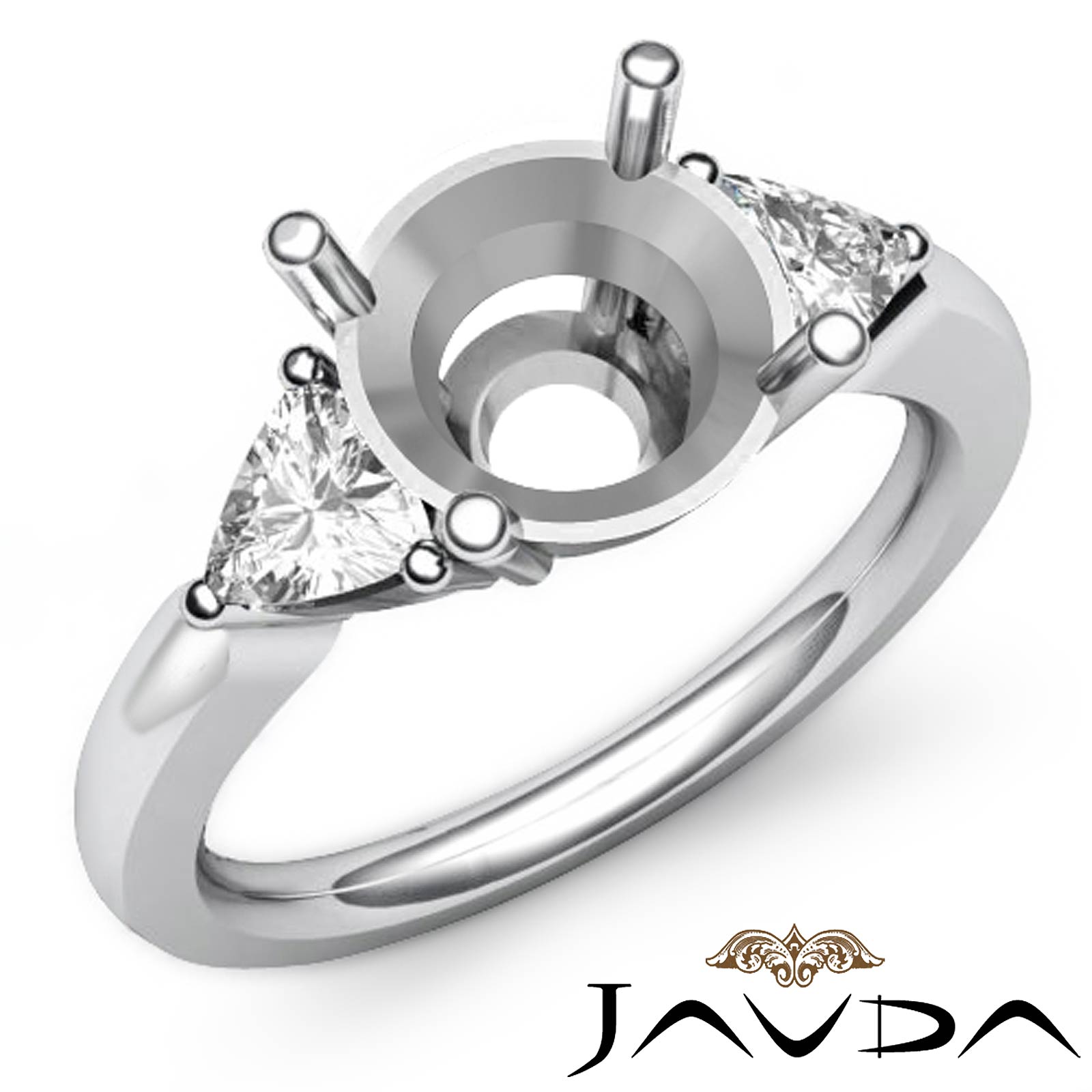Three Stone Diamond Engagement Trillion Round Semi Mount Ring 14k W ...