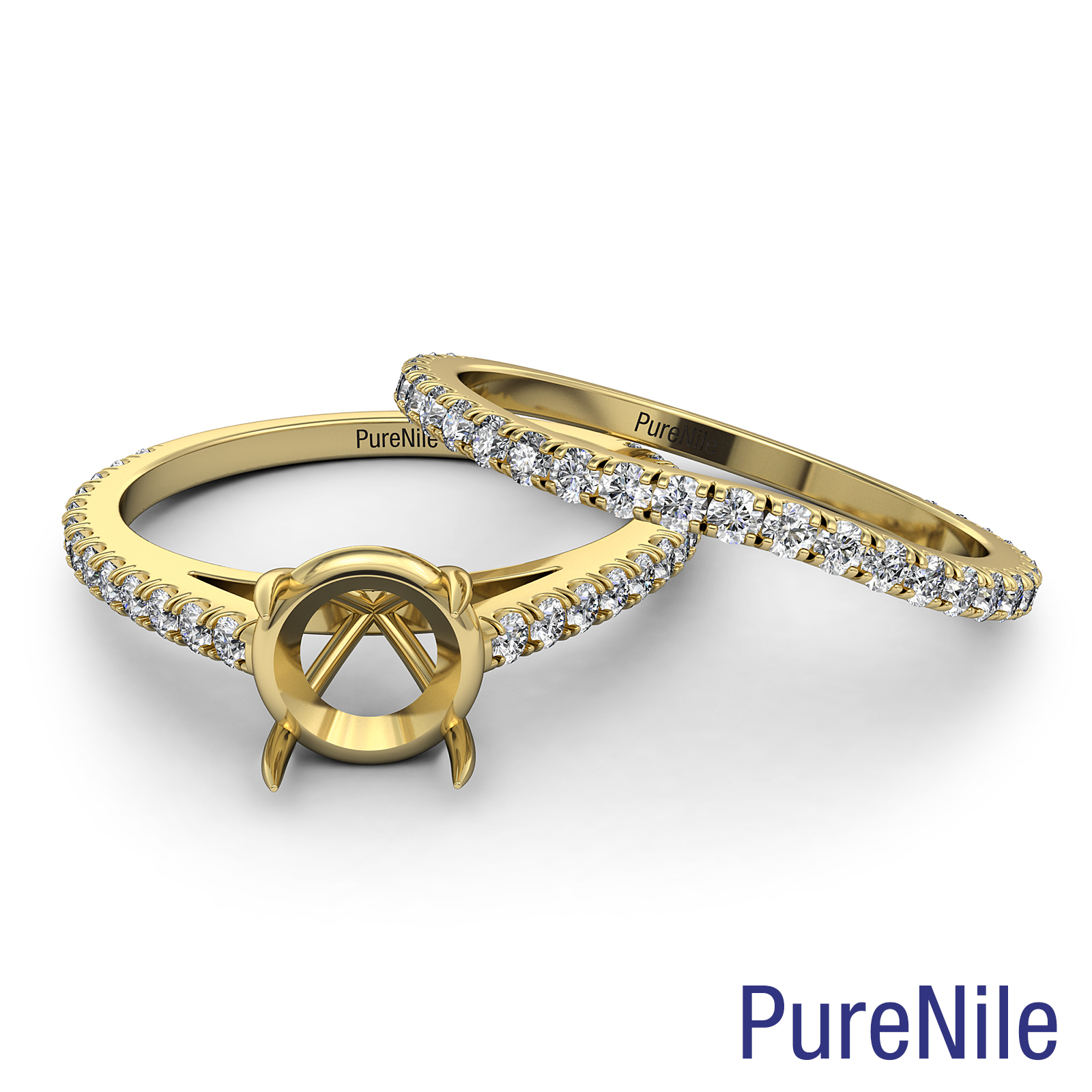 Round Semi Mount Diamond Bridal Set Ring 18k Gold French U Pave (0.7Ct ...