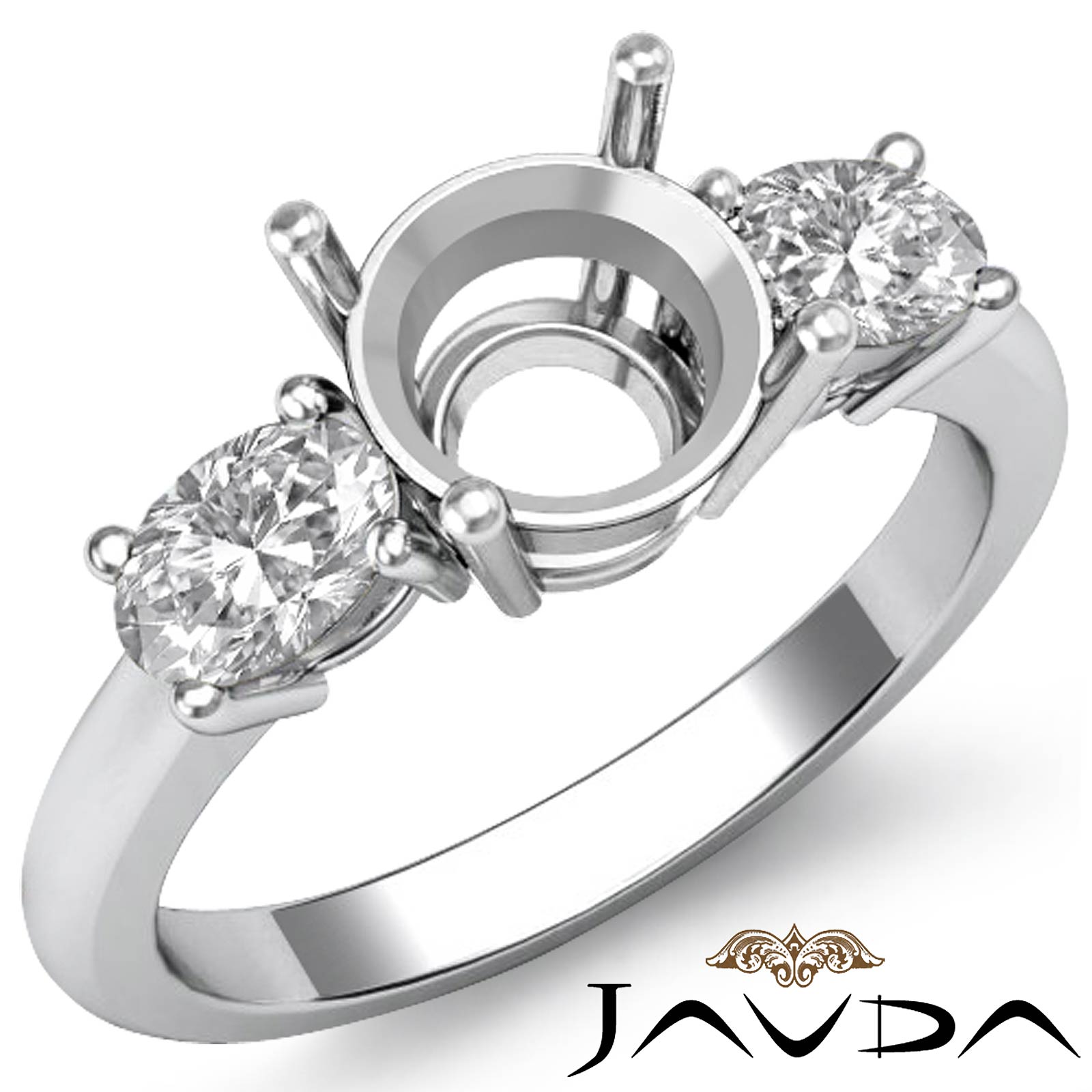 Diamond 3 Stone Engagement Oval Round Ring Semi Mount 14k W Gold 1/2Ct