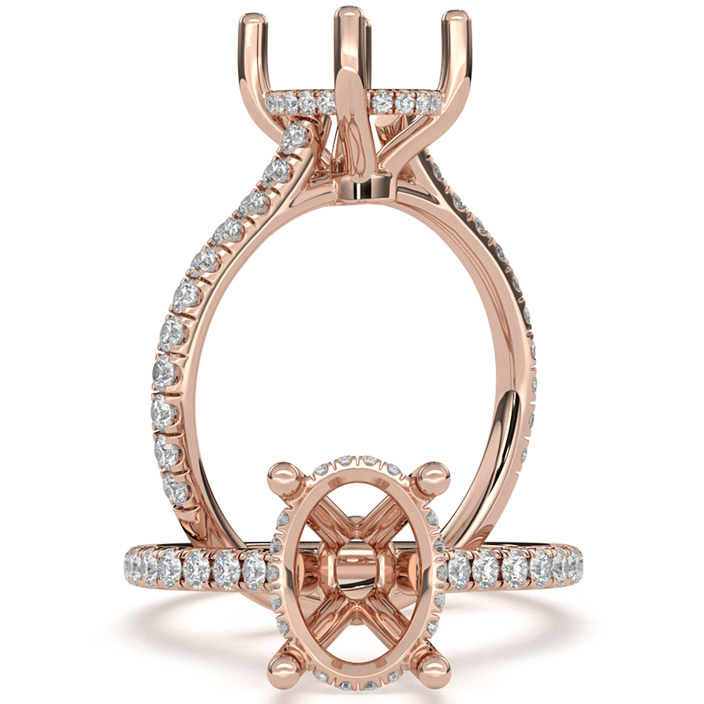 Hidden Halo French Pave Oval Semi Mount Diamond Engagement Ring 18k ...