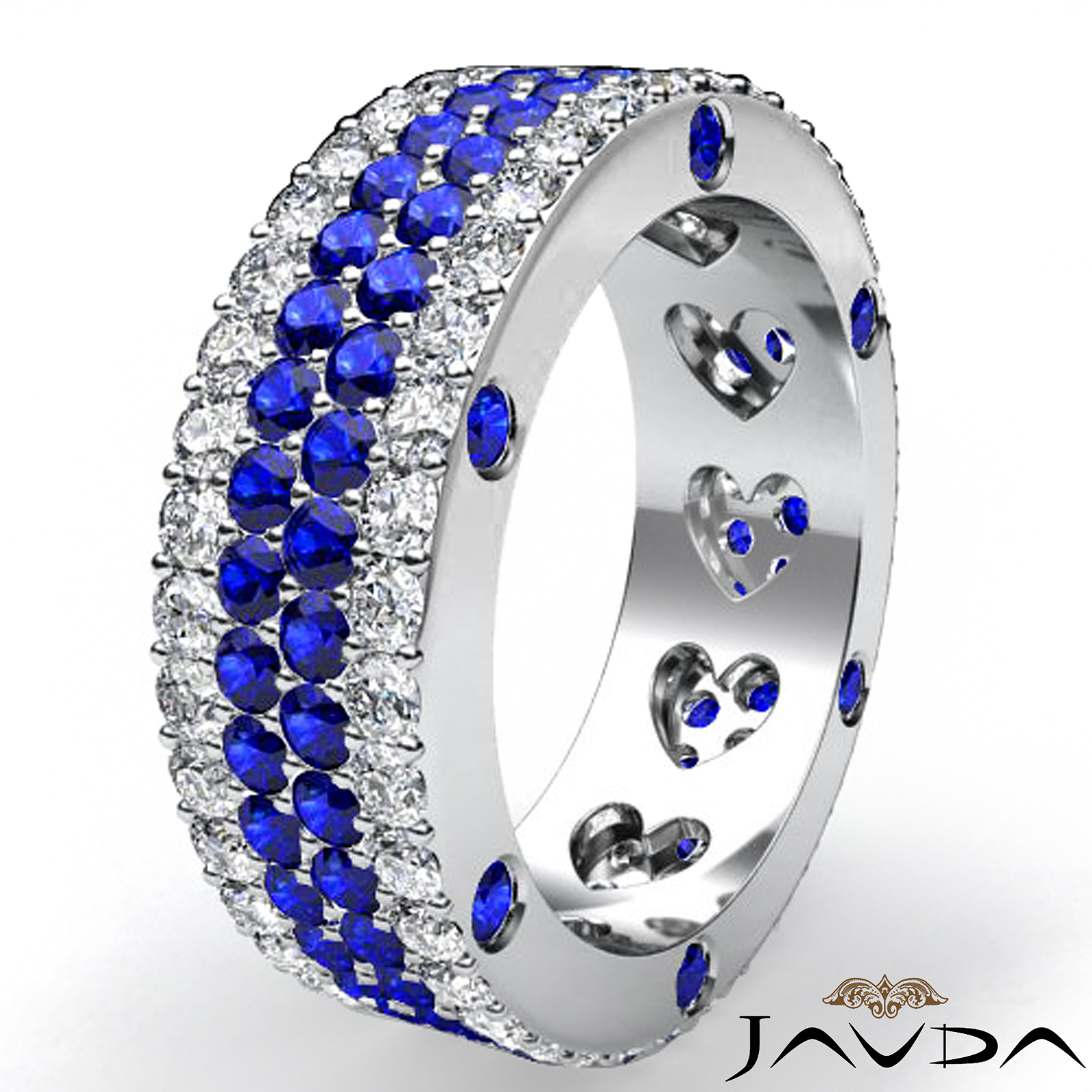 Women's Round Sapphire Diamond Band Heart Eternity Ring 14k White Gold ...