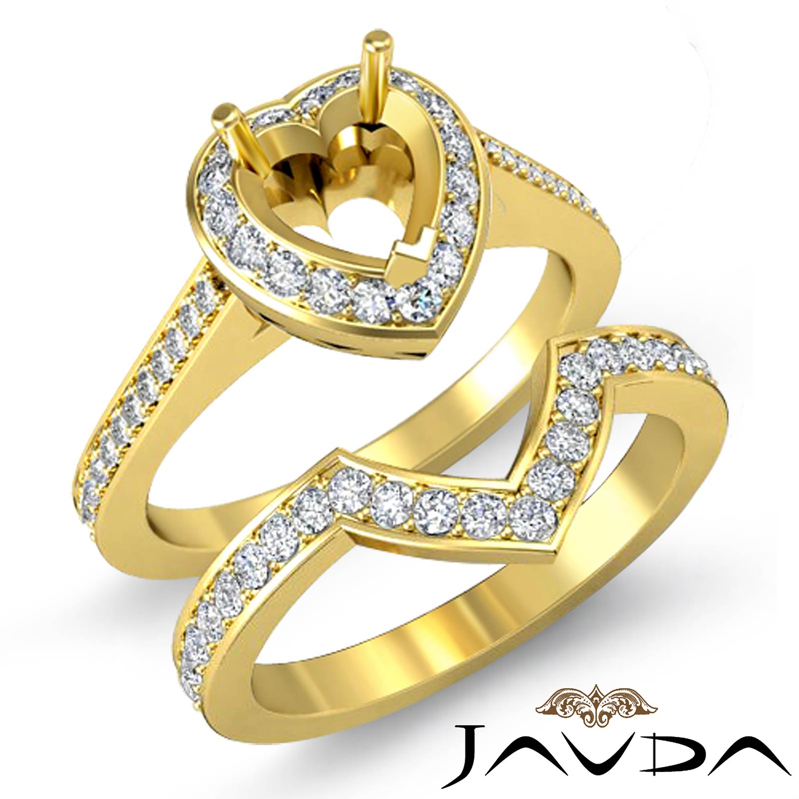 Diamond Pave Heart Bridal Sets Ring 14k Gold Semi Mount (0.86Ct. tw.)
