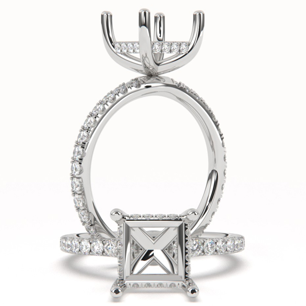 French Pave Hidden Halo Princess Semi Mount Engagement Ring 18k W Gold ...