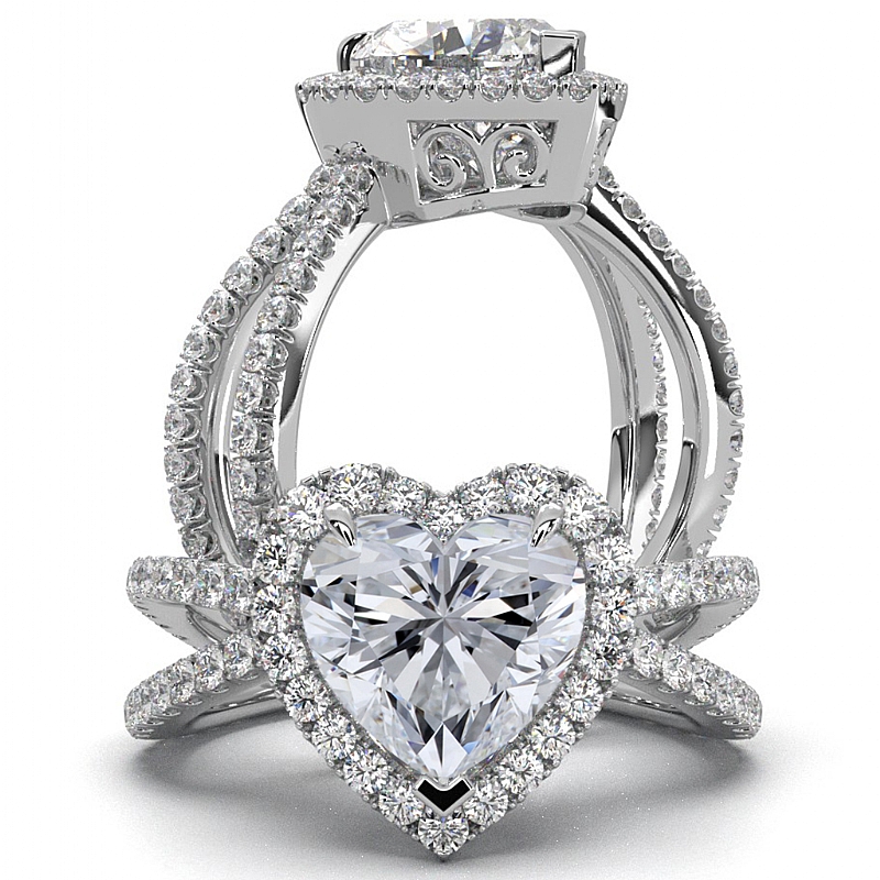 Halo Pave Split Band Filigree Heart Diamond Engagement Ring 14k White ...
