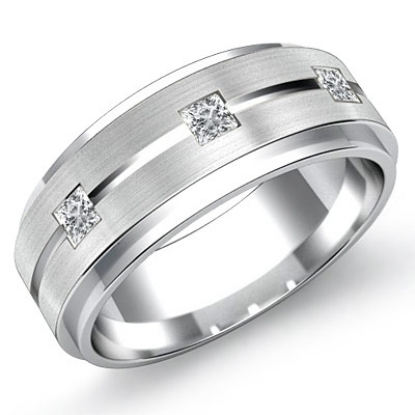 Grooved Bezel 3 Stone Diamond Men's Half Wedding Band in 14k White Gold ...